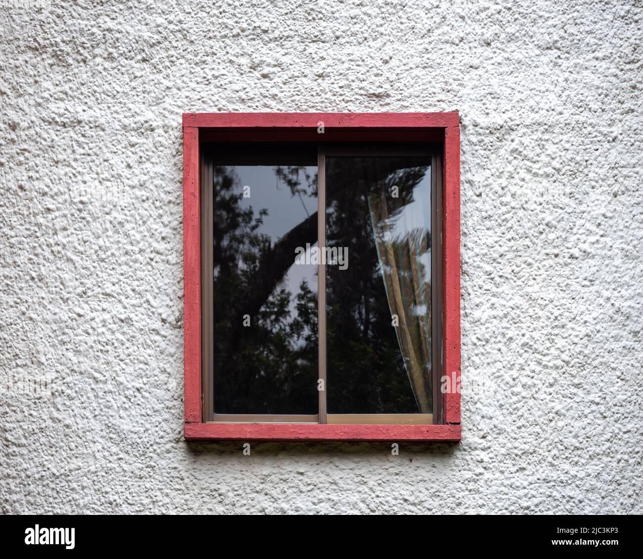 Small Window Closed with a Red Frame and a Curtain Inside Stock Photo ...
