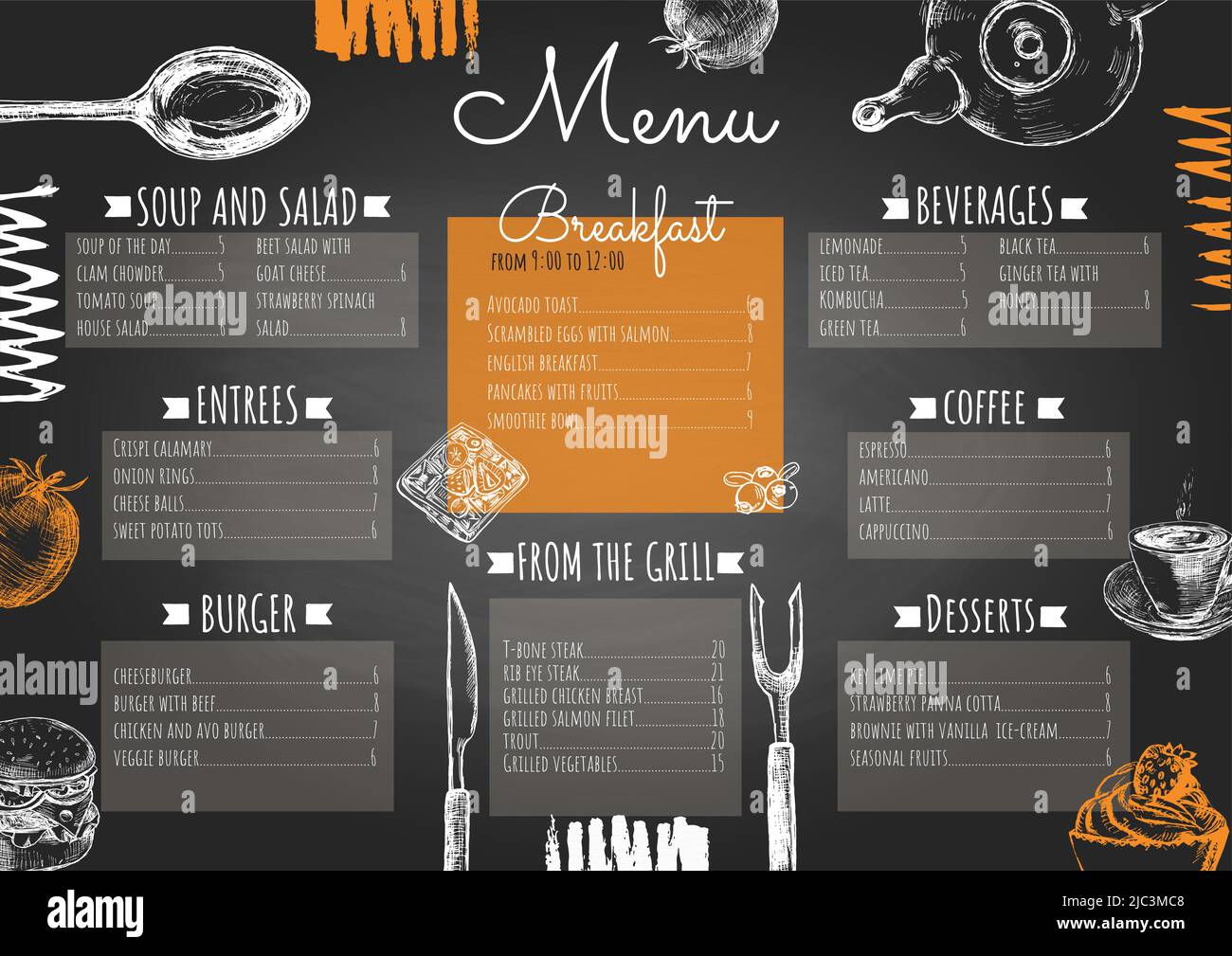 Menu template decorated with hand drawn food elements on chalkboard ...
