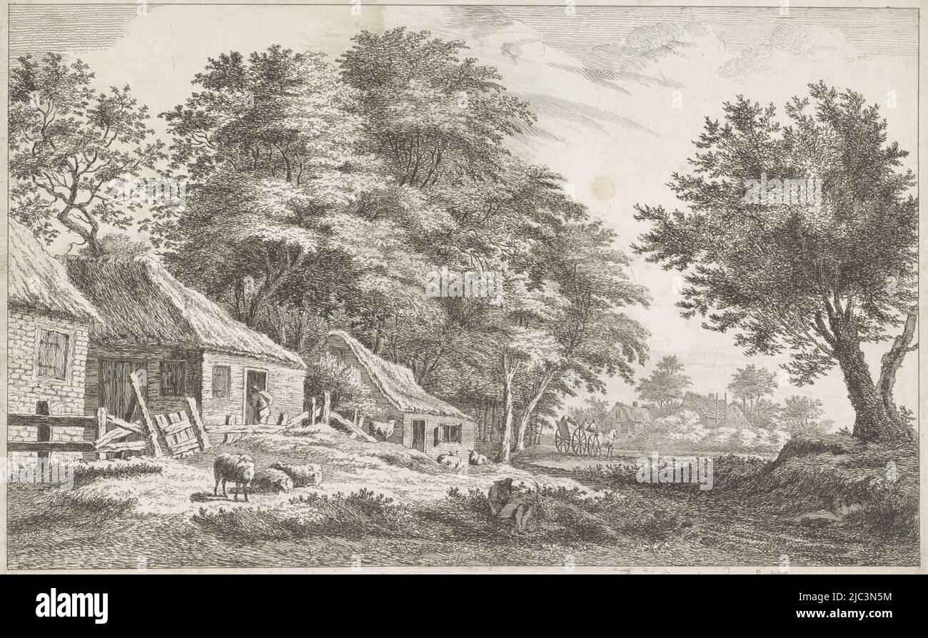 Landscape with farms surrounded by trees. Near the front farms sheep ...