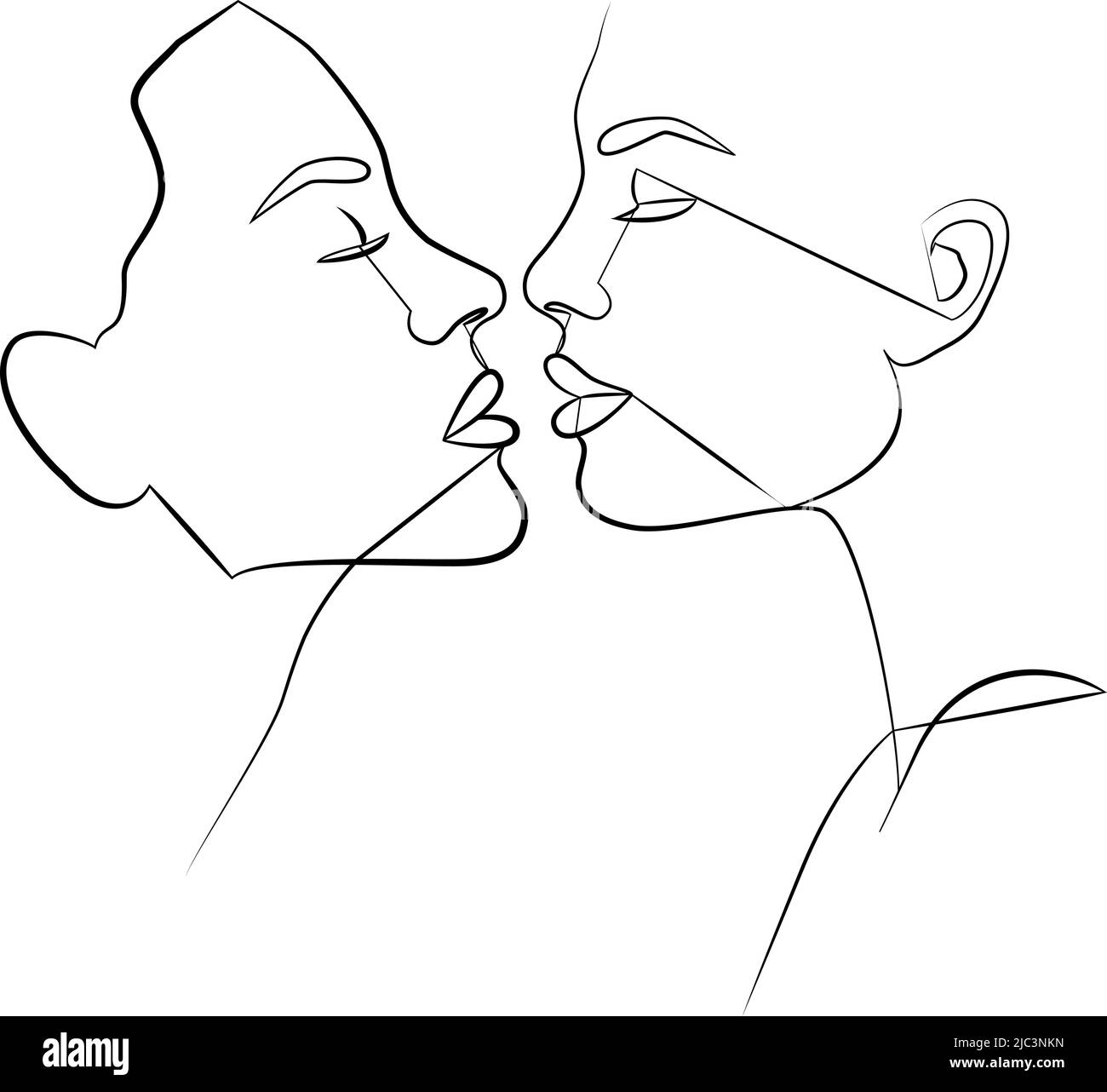 One line. Two faces in one line. Couple print, kiss print. Portrait ...