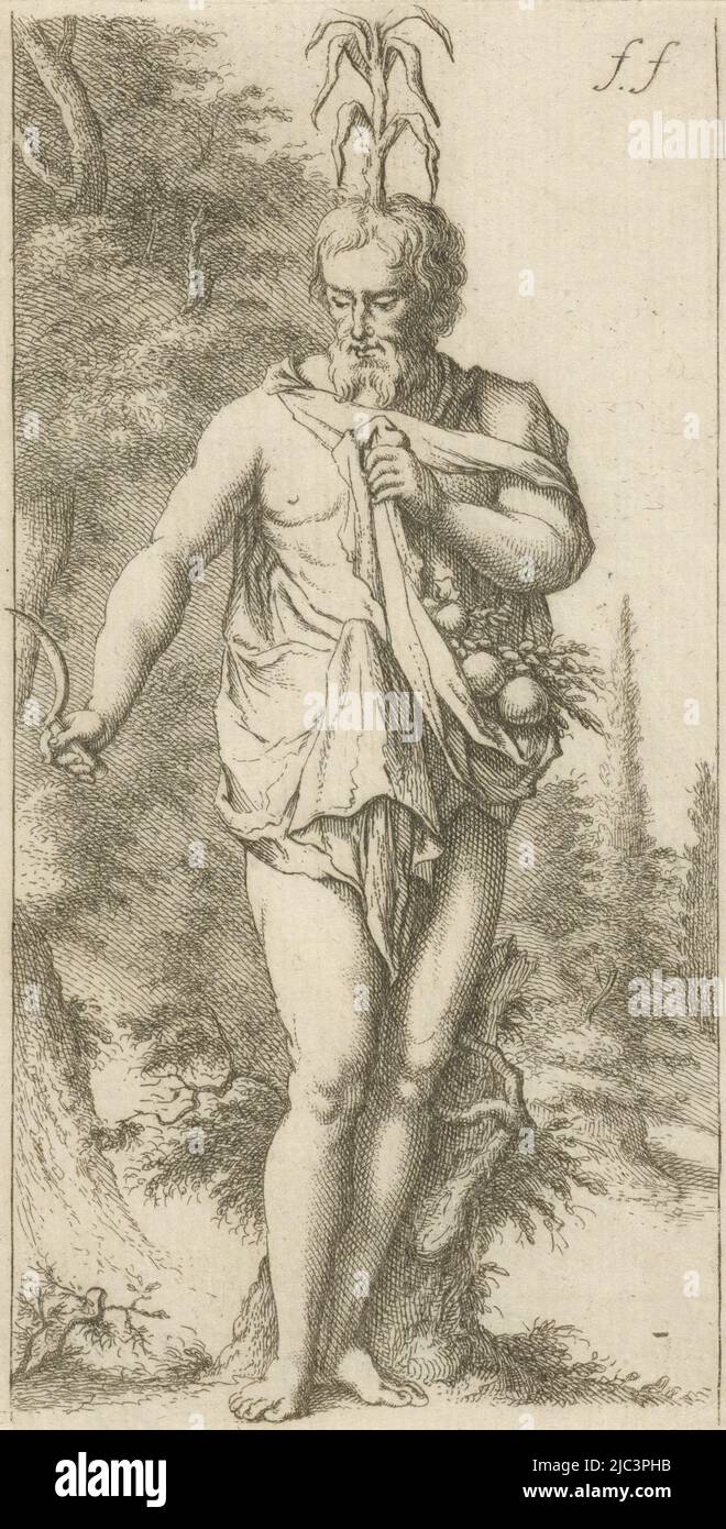 Priapus, god of fertility and protector of gardens, in a landscape. In ...