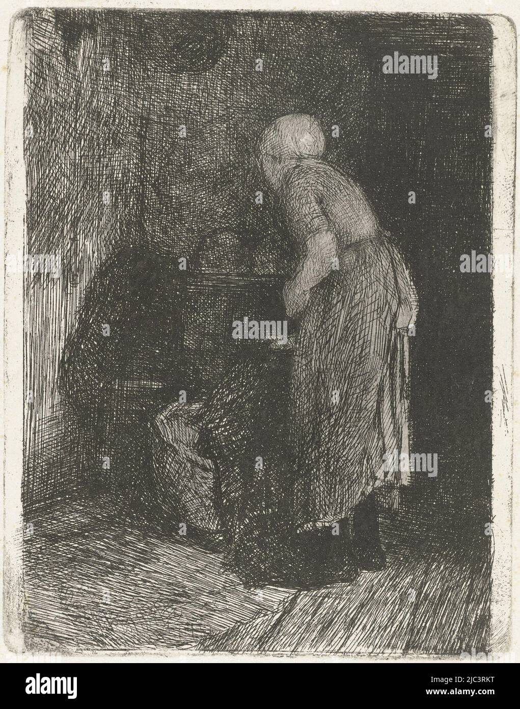 Woman Looking Into a Cradle, print maker: Bernardus Johannes Blommers ...