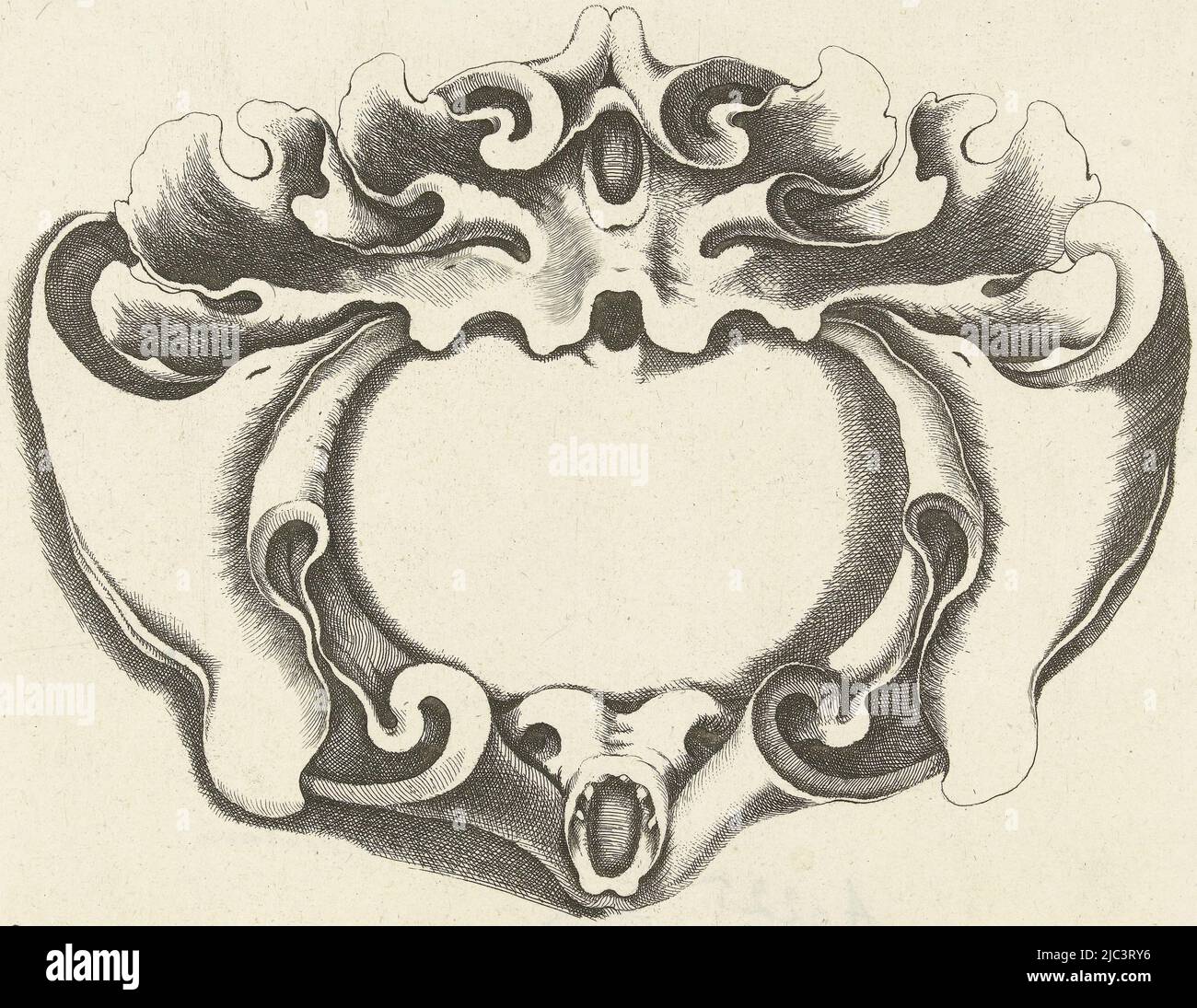 At the bottom a small monster head with an oval mouth with teeth, wide ...