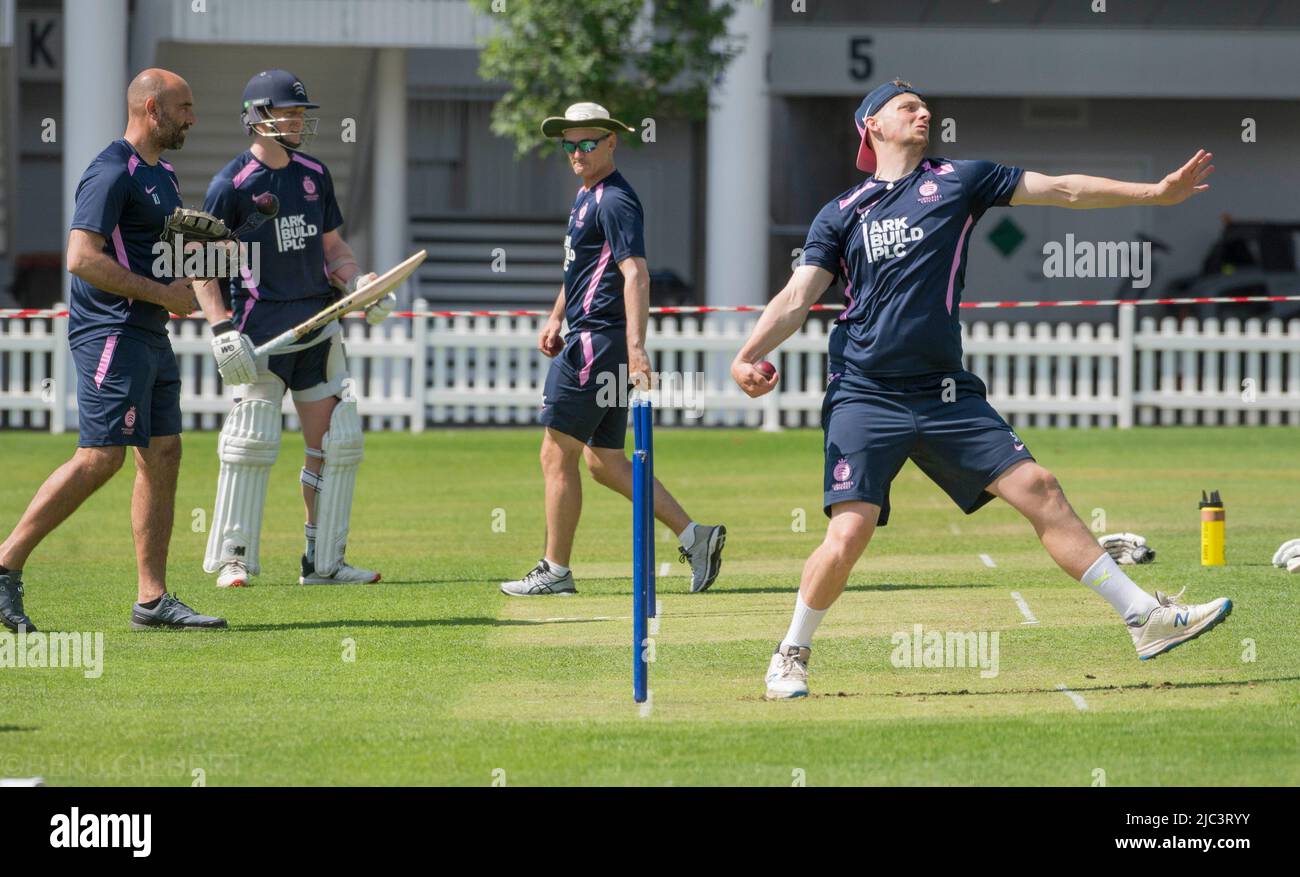 Luke Hollman bowls in a Middlesex Training session on the 17th of May ...