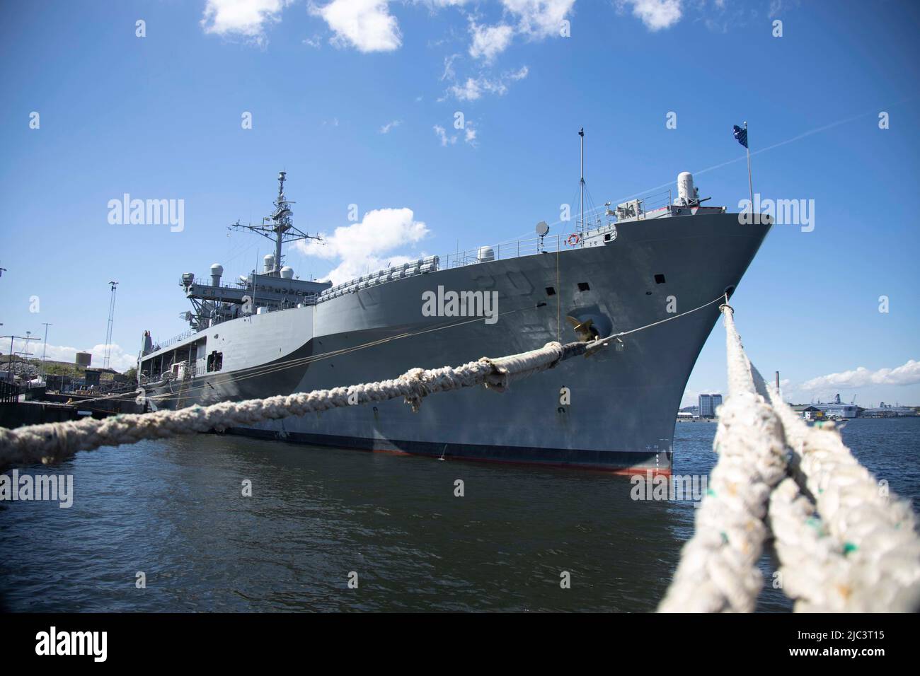 USS Mount Whitney (LCC 20) is moored in Loudden Port, Stockholm, in ...