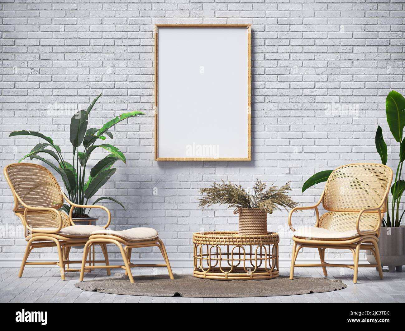 Mock up poster frames with two rattan armchairs in modern interior ...
