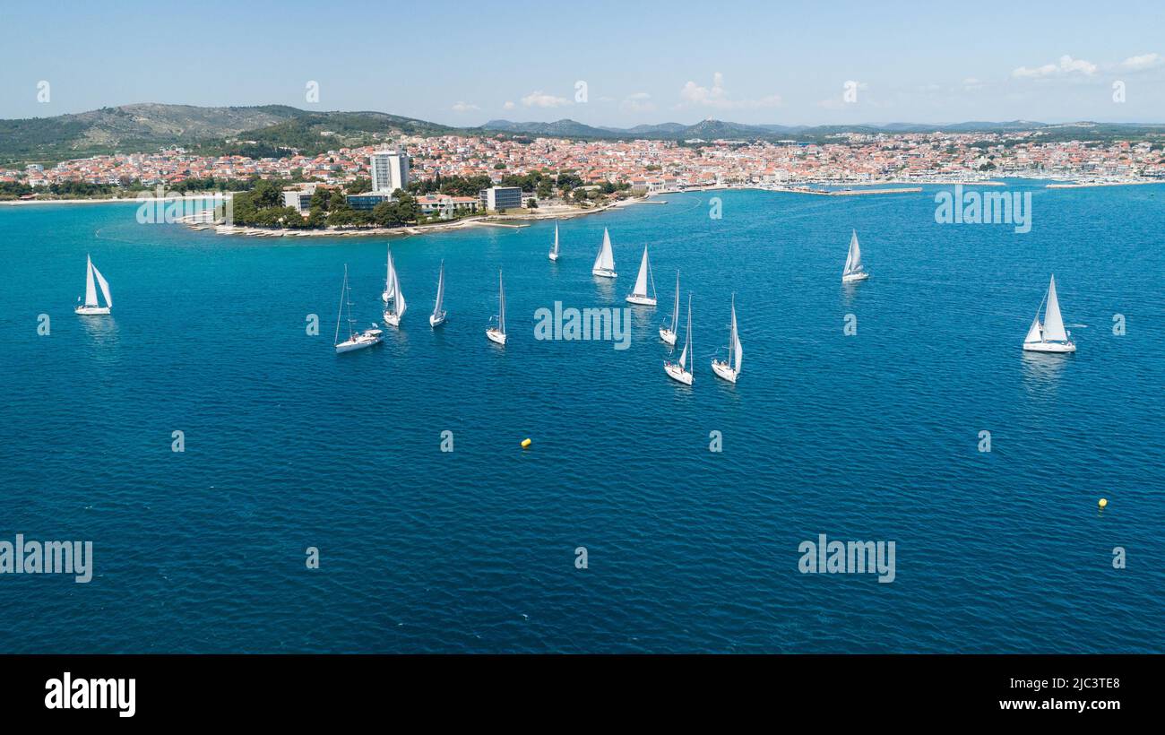Aerial view of sailing yachts regatta race on sea near Vodice in ...