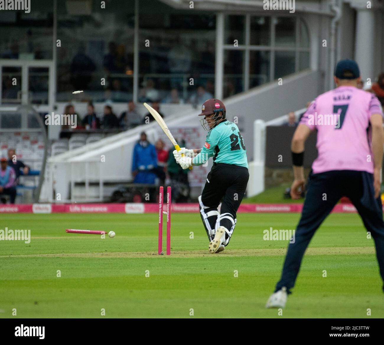Jason Roy of Surrey is bowled in a T20 Blast Match at Lords against ...