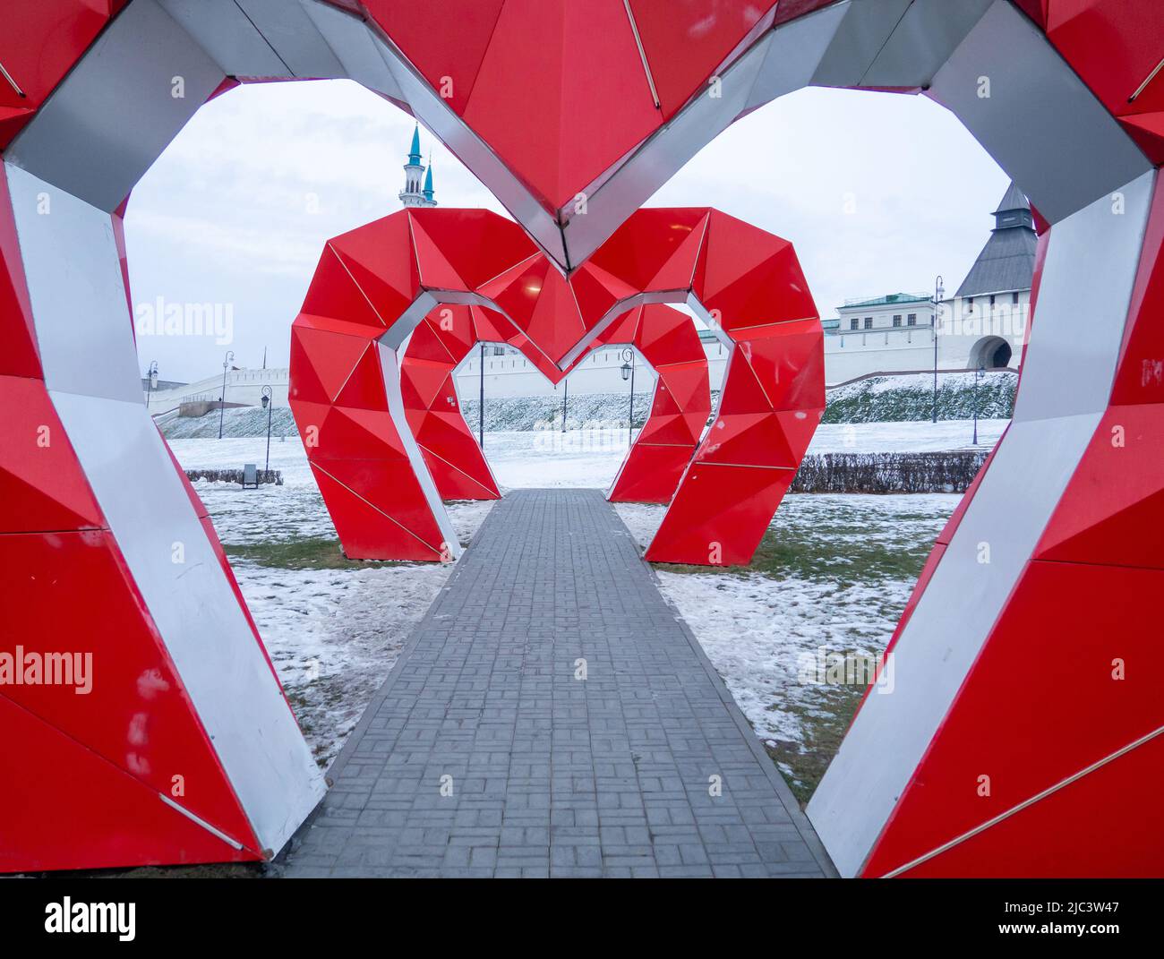 Monument of hearts in the city center. Installation from hearts Stock ...