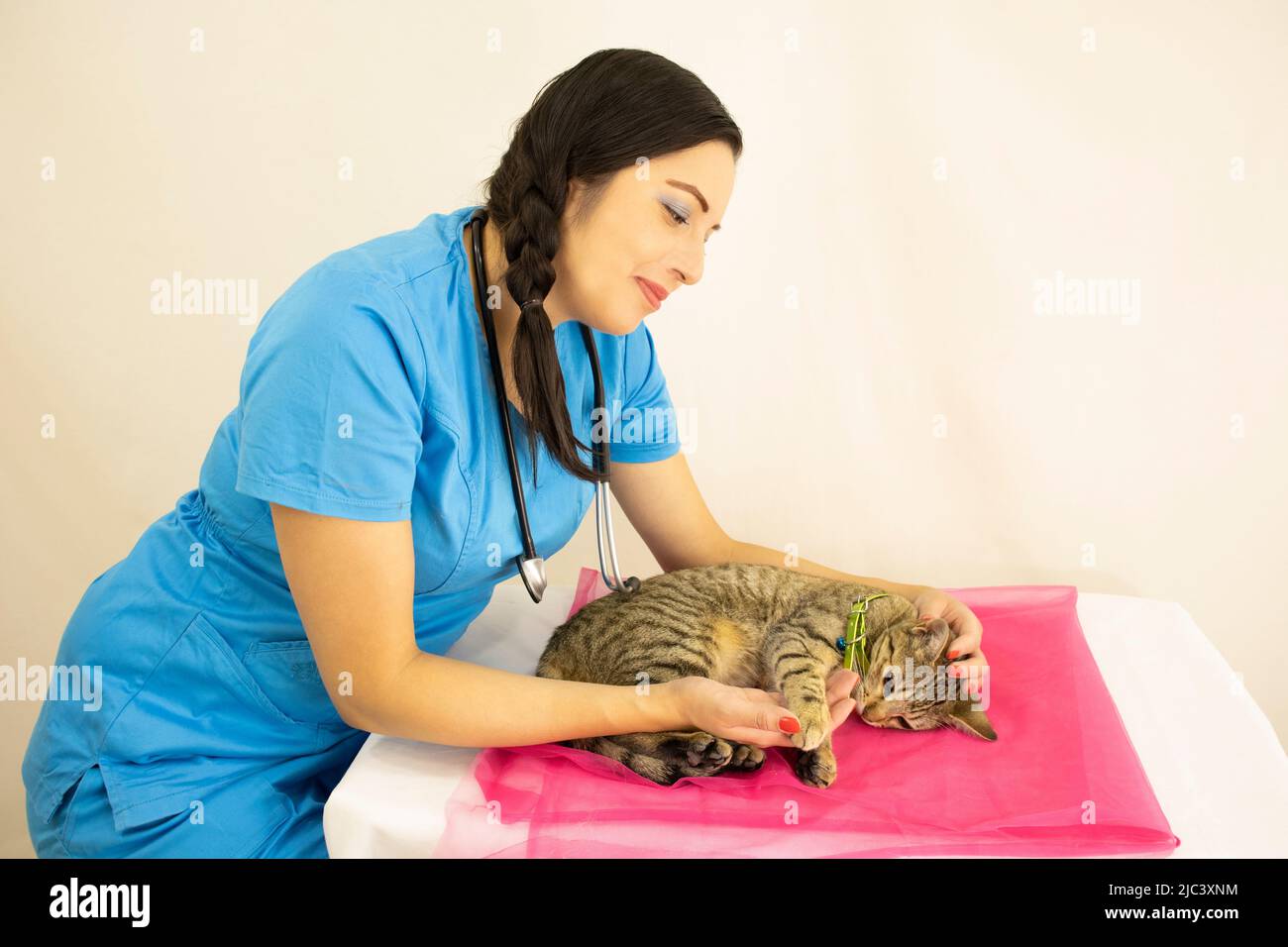 beautiful young female veterinarian in blue uniform and stethoscope ...