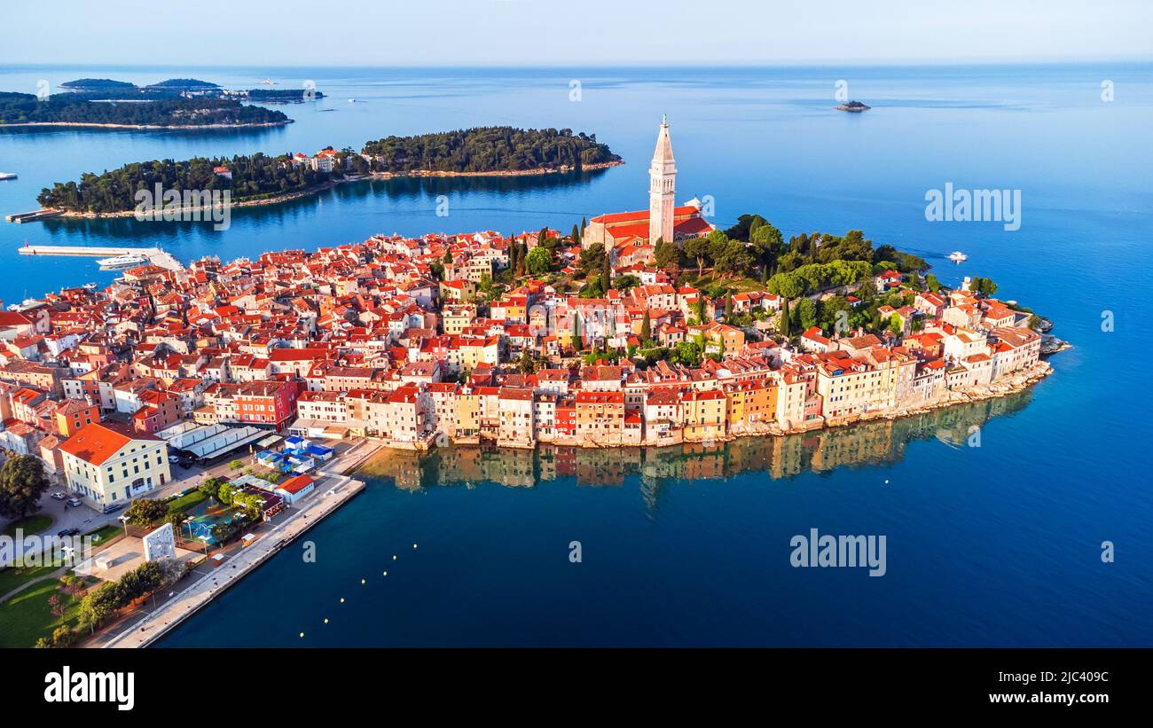 Rovinj, Croatia. Aerial drone view of historical center of Rovinj old ...