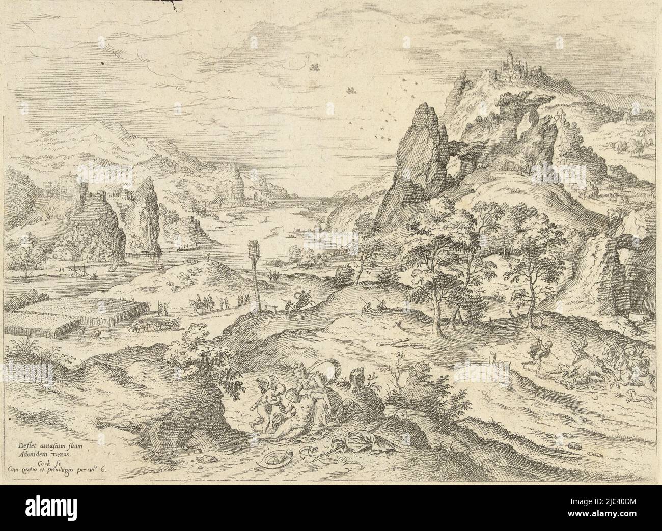 Landscape with hunting scenes. On the right, Adonis is shown being ...