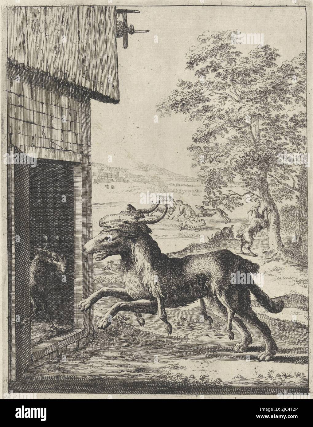 A goat opens the stable door to a wolf, who is dressed in a goatskin ...