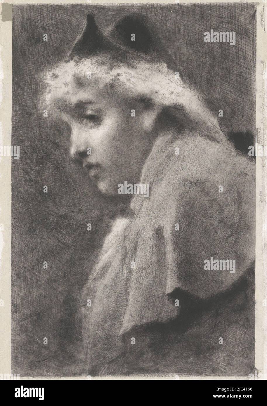 Lady bust to left, wearing a white pellerine and a cap, print maker ...