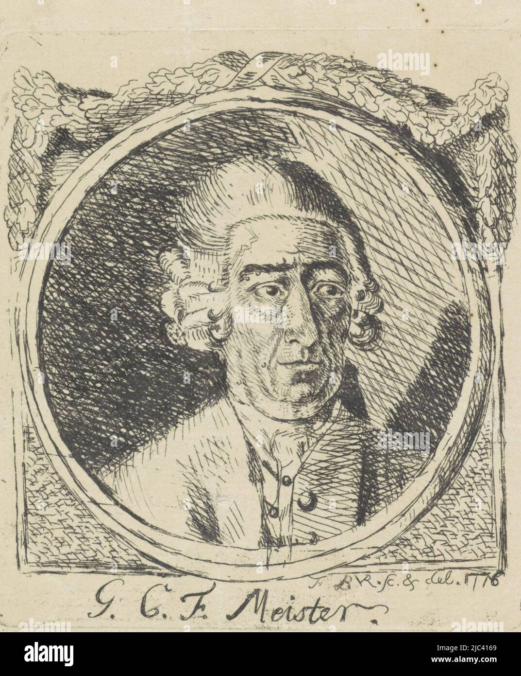 Portrait of G.C.F. Meister with wig. The frame is decorated with a ...