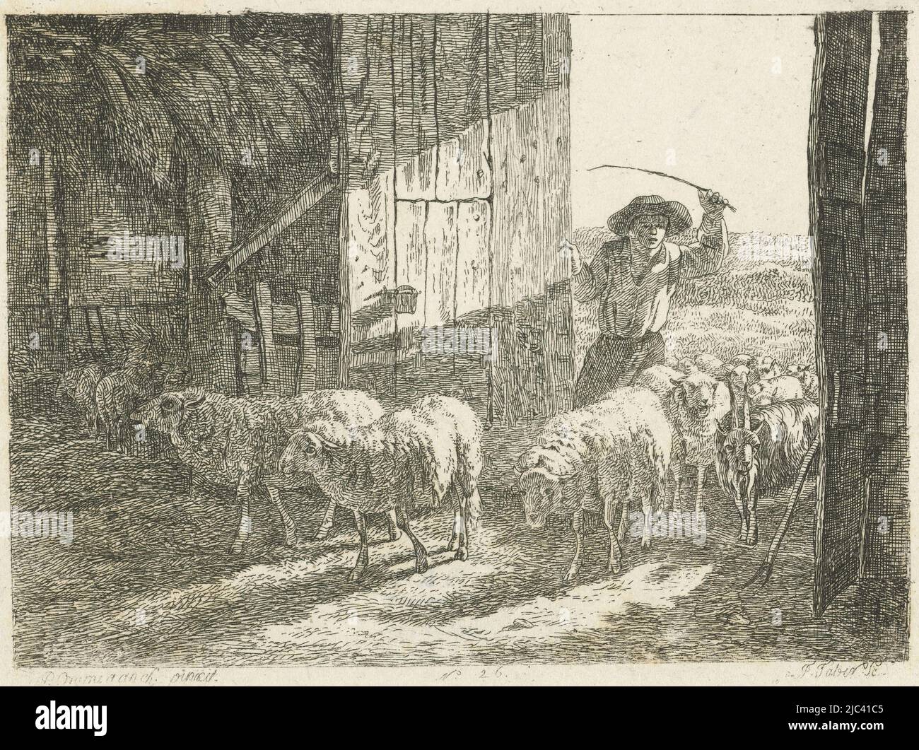 A shepherd lets his flock into the sheepfold, Sheepfold, print maker ...