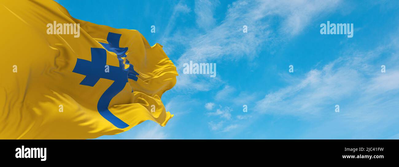 official flag of Kopings kommun , Sweden at cloudy sky background on ...