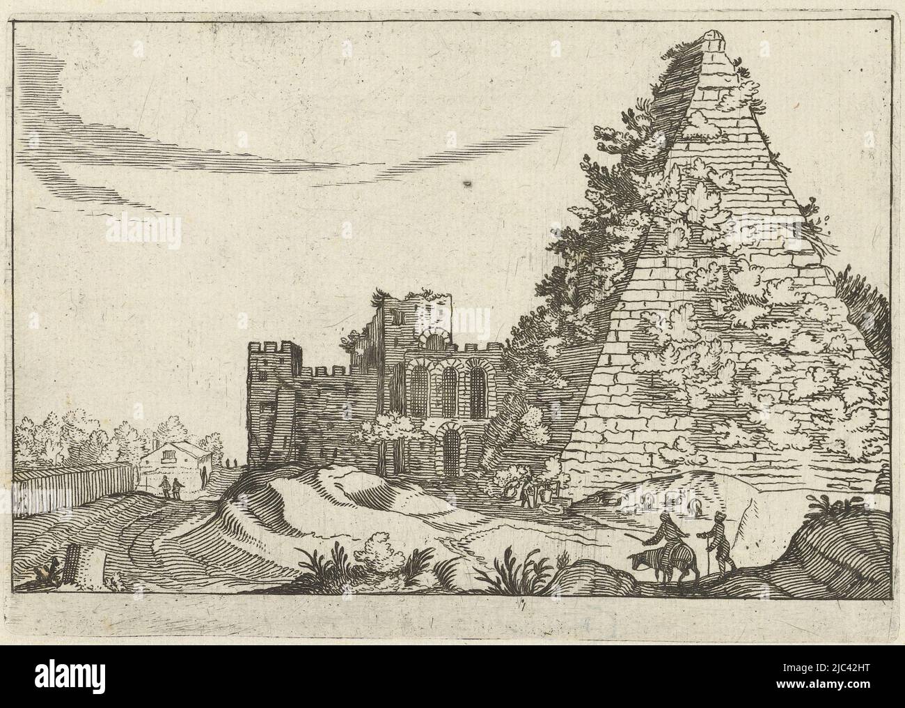 The pyramid of Gaius Cestius in Rome, in front of it a man on a donkey ...