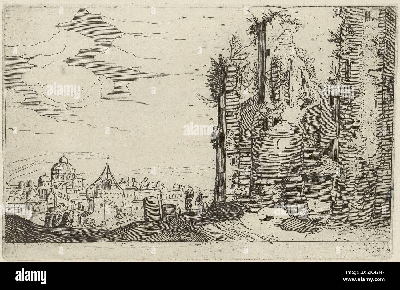 View of Rome from Monte Pincio. Ruins on the right, the city of Rome on ...