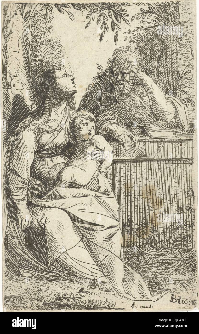 The holy family is sitting in the garden. Joseph sits at a table and ...