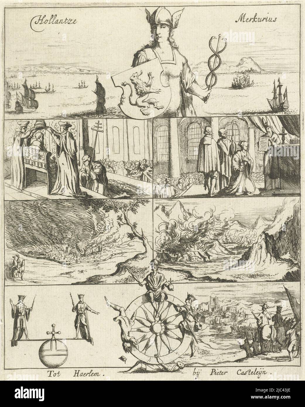Several scenes show events in Europe in the year 1655. A seascape with ...