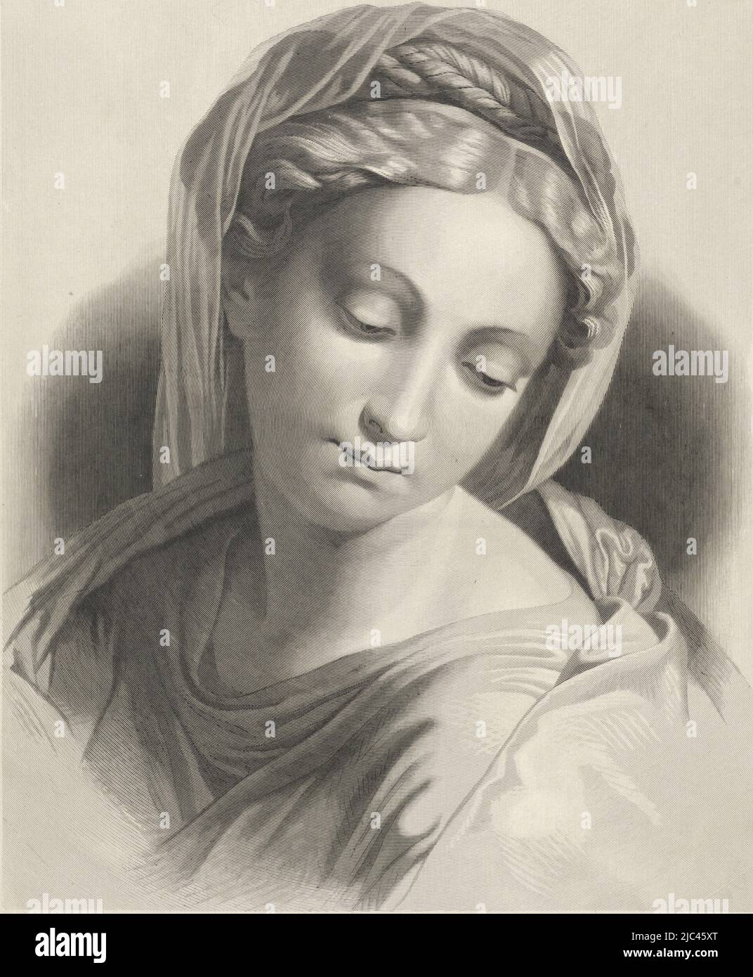 Mary with lowered eyes. On the head she wears a veil, Madonna, print ...