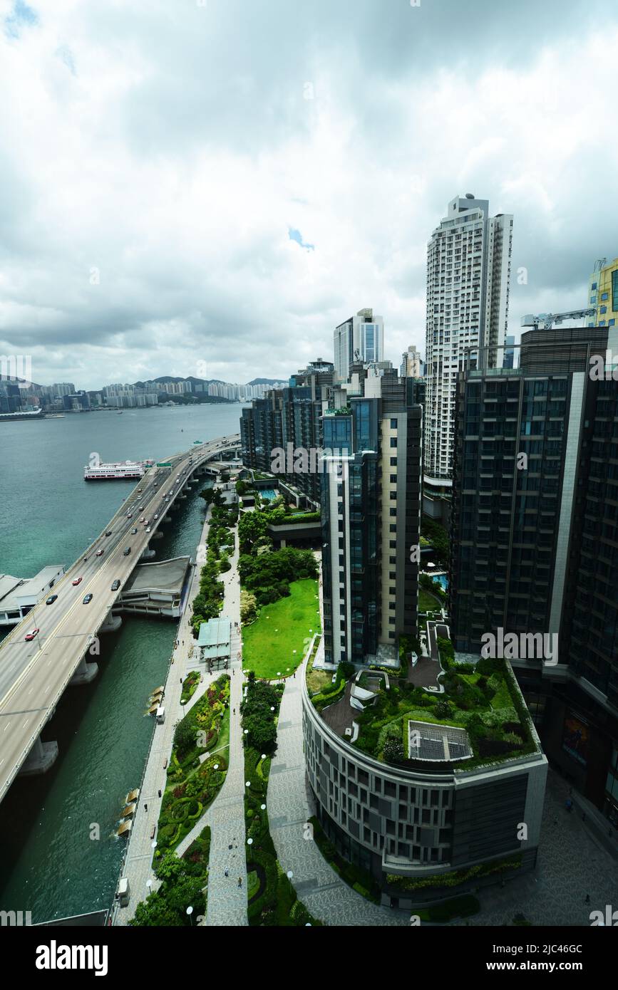 Looking down at the North Point promenade and the modern buildings ...