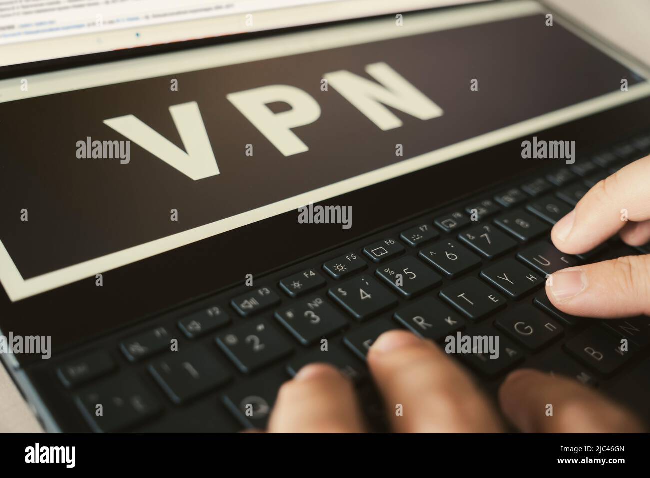 Cybersecurity concept. VPN technology. Network security on laptop. Word ...