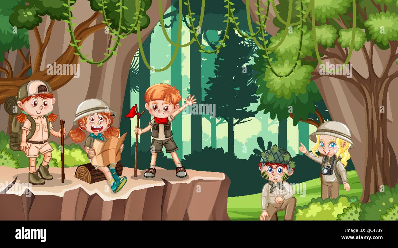 Children hiking in the forest illustration Stock Vector Image & Art - Alamy