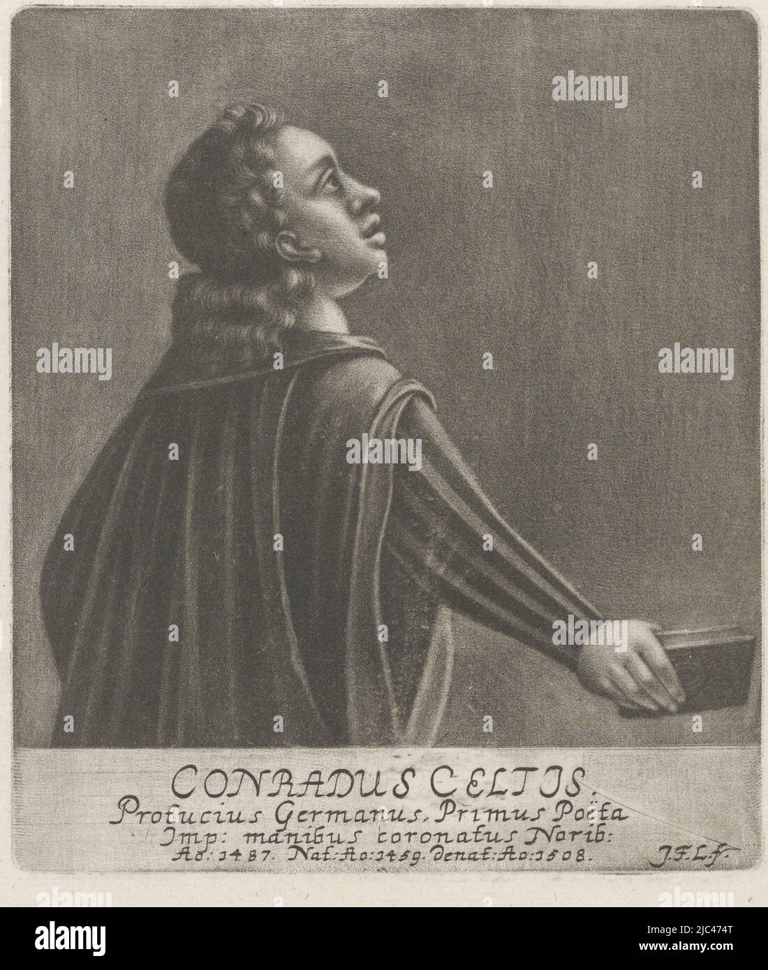 The poet Conrad Celtis holds a book in his hand and looks up, Portrait ...