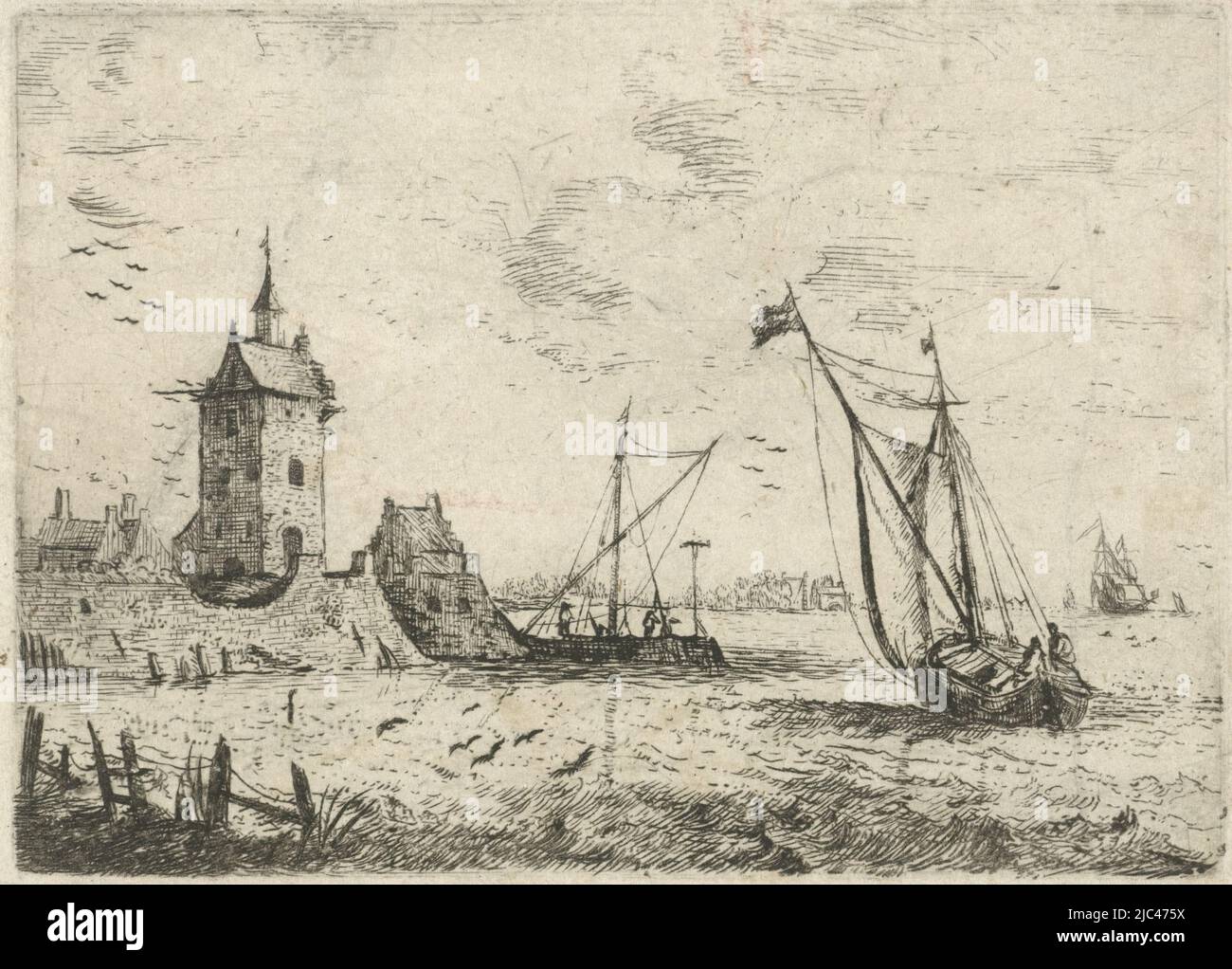 Harbor scene with watchtower, print maker: Bonaventura Peeters (I ...
