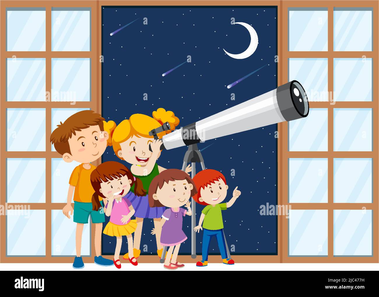 Kids observe night sky with telescope illustration Stock Vector Image ...