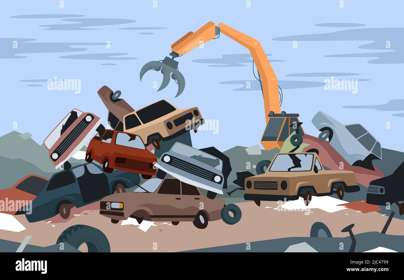 Cartoon steel crane working, dismantling scrapyard with old broken and ...