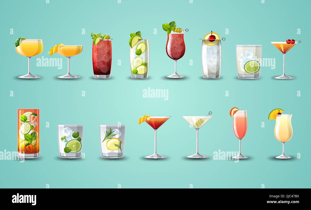 Different cocktails in the glasses set cartoon illustration Stock ...