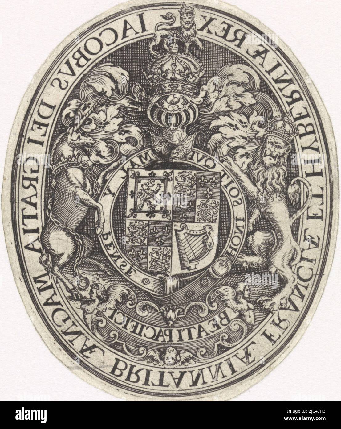 Medallion with the coat of arms of England. In the center the motto of ...