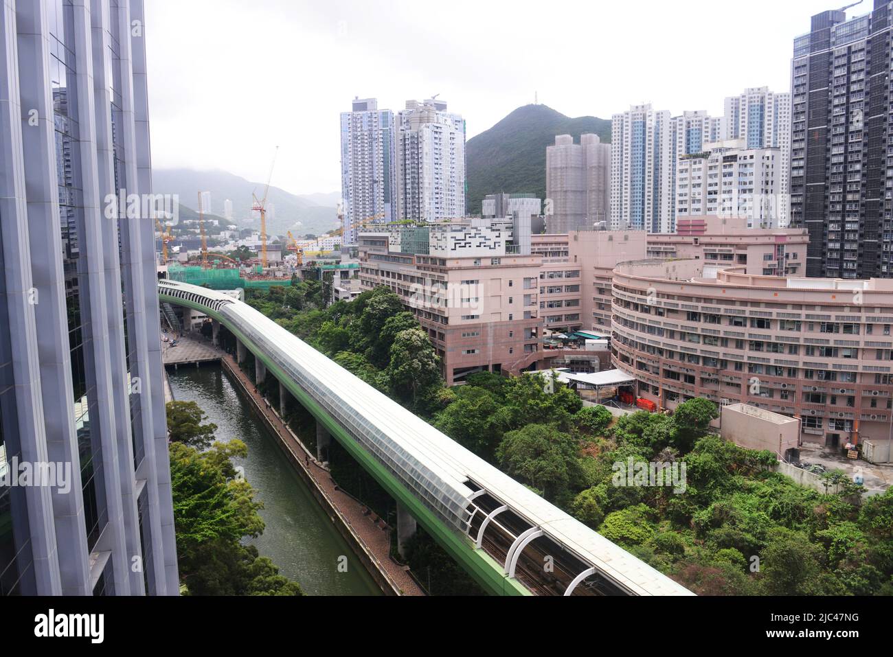 A view of the elevated MTR south island line tracks with residential ...