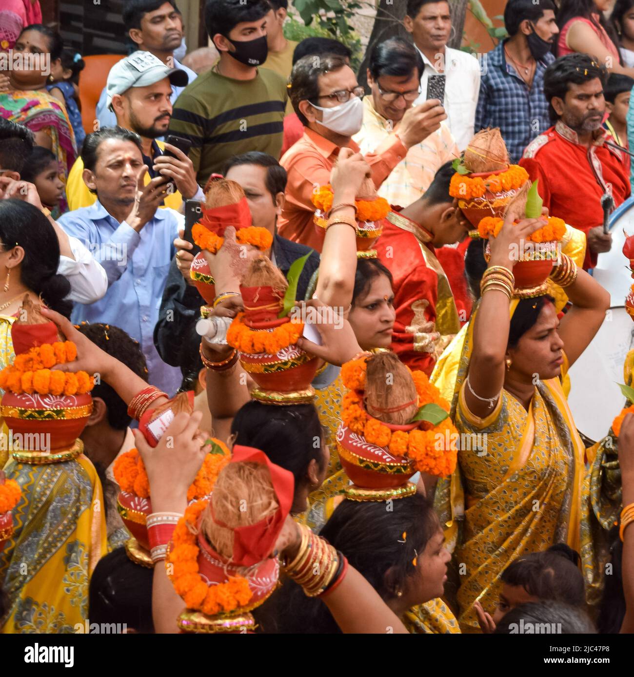 New Delhi, India April 03 2022 - Women with Kalash on head during ...