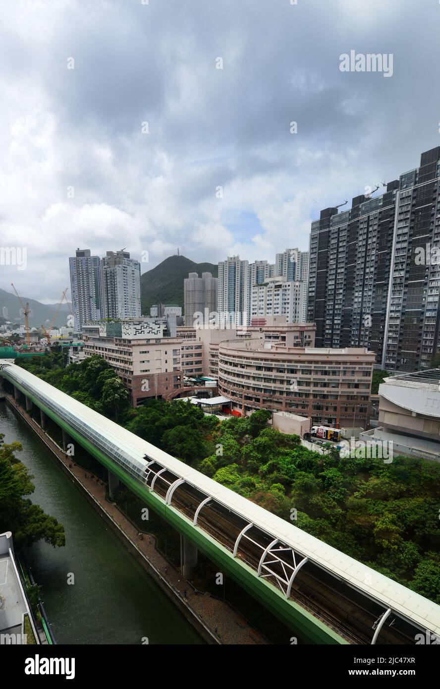 A view of the elevated MTR south island line tracks with residential ...