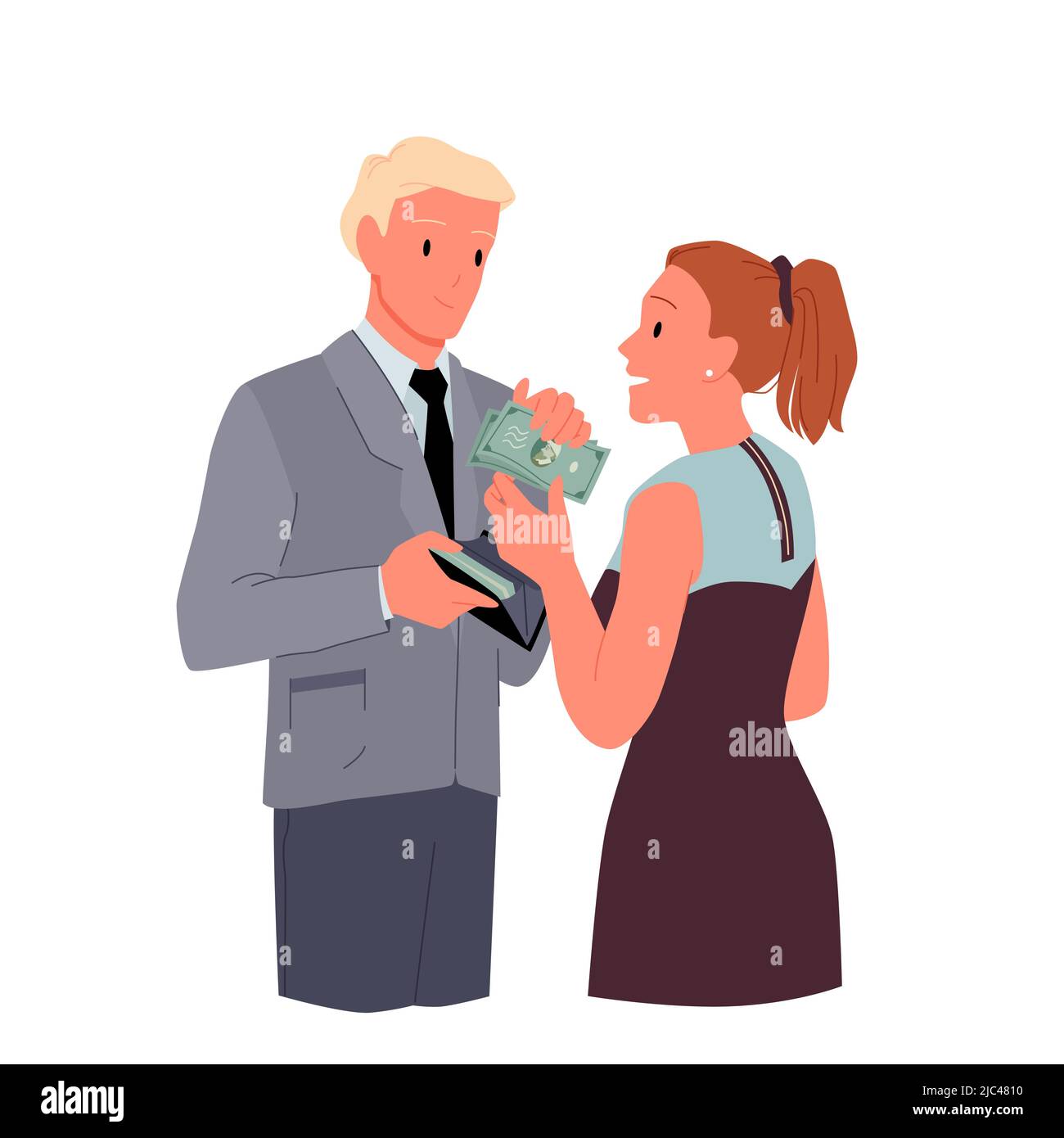 Man with open wallet giving money to young woman, girl taking currency ...