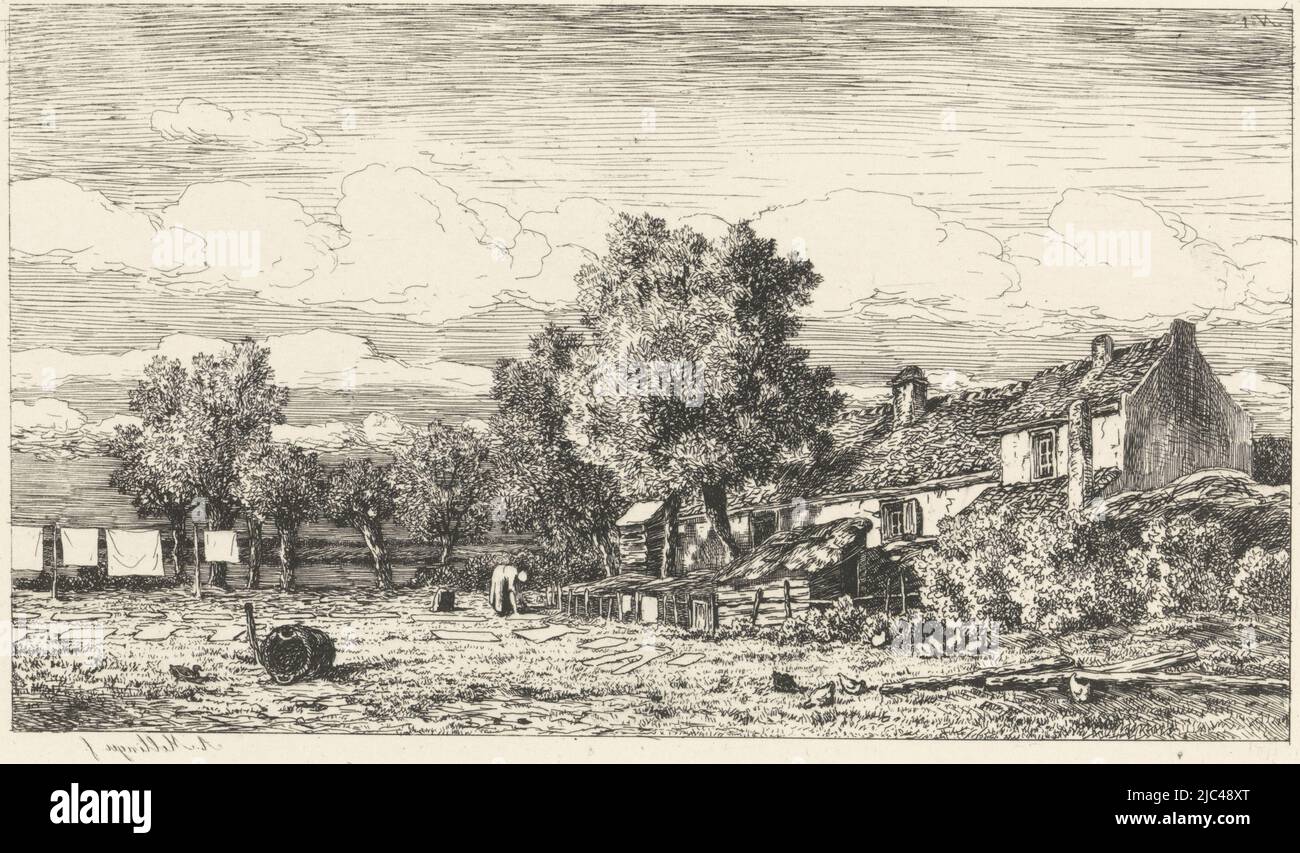 In a bleaching field, a woman lays laundry on the grass. On the left is ...
