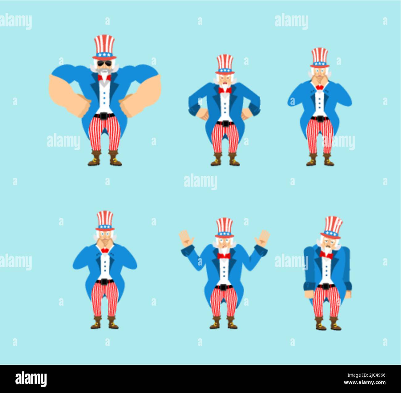Uncle Sam set poses. Man happy and strong. sleeping and angry. guilty ...