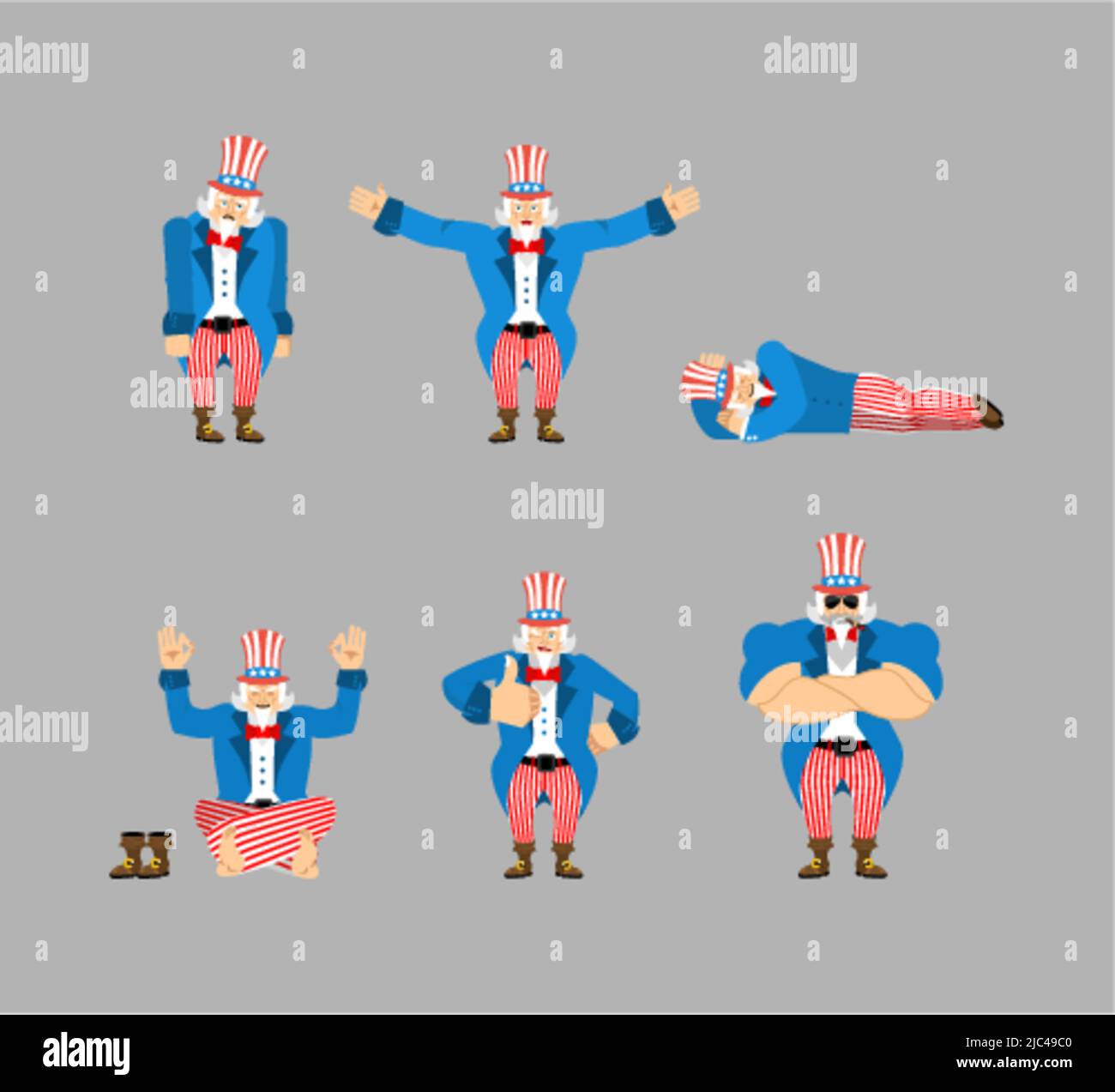 Uncle Sam set poses. Man happy and yoga. sleeping and angry. guilty and ...