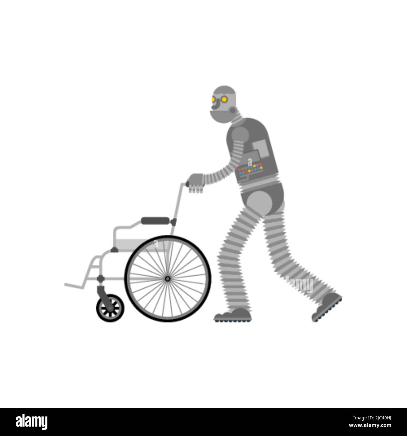 Robot helper pushing a wheelchair isolated. Cyborg assistant helps a ...