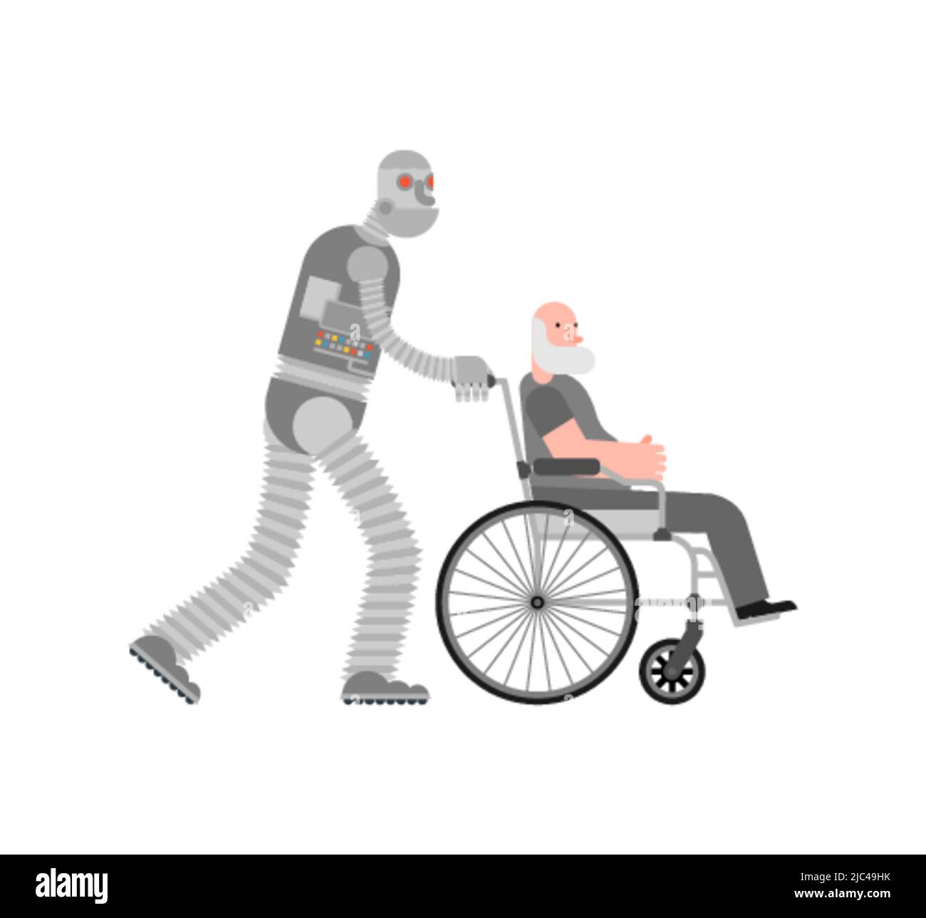 Robot nurse for pensioners. Cyborg helper helps a disabled person on a ...