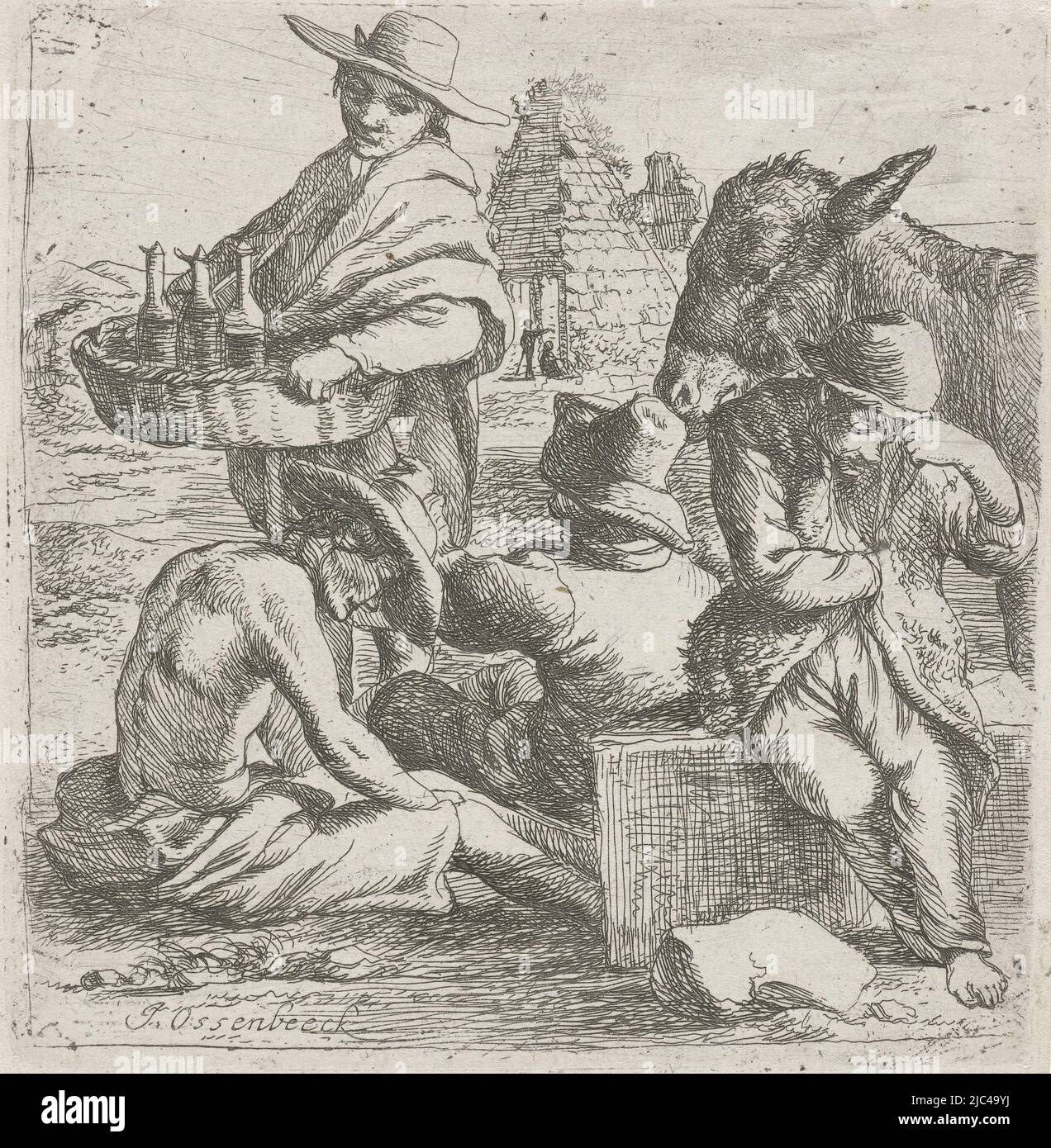 Along a road, three beggars sit with their donkey near a stone block ...