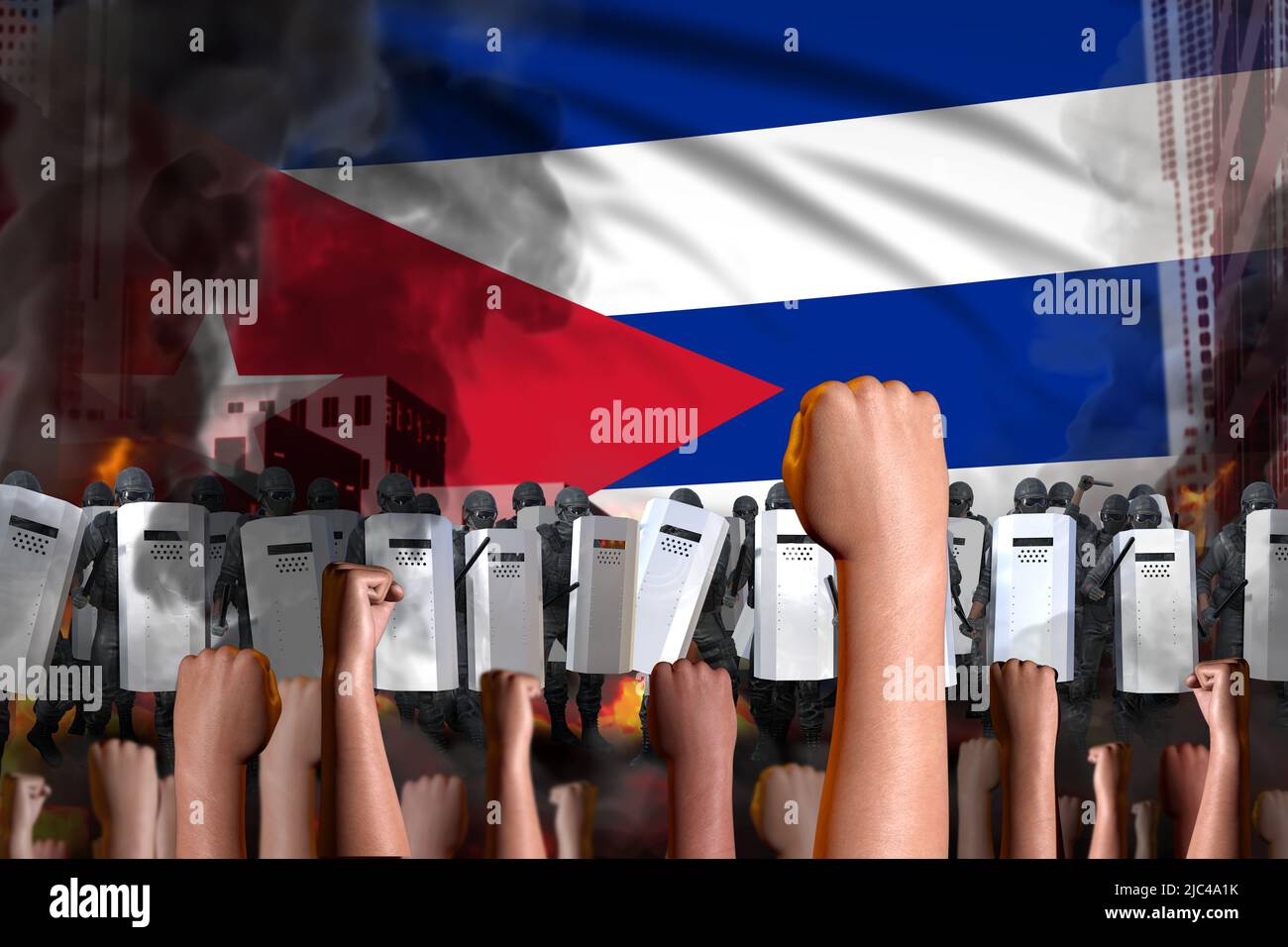 riot stopping concept - protest in Cuba on flag background, police ...