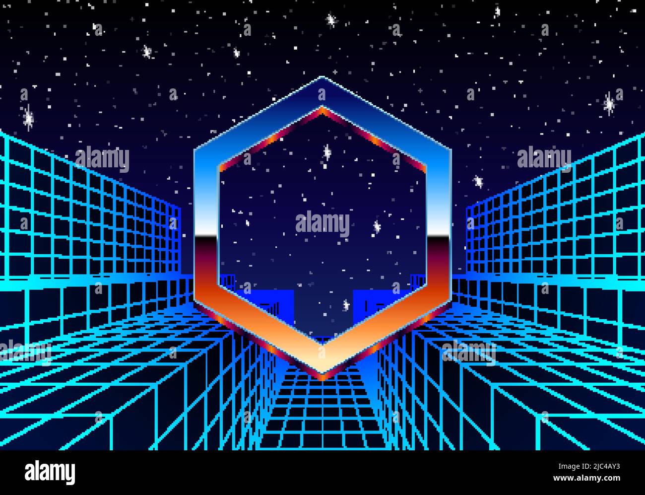 Synthwave frame with chrome hexagon and 80s styled synthwave arcade ...