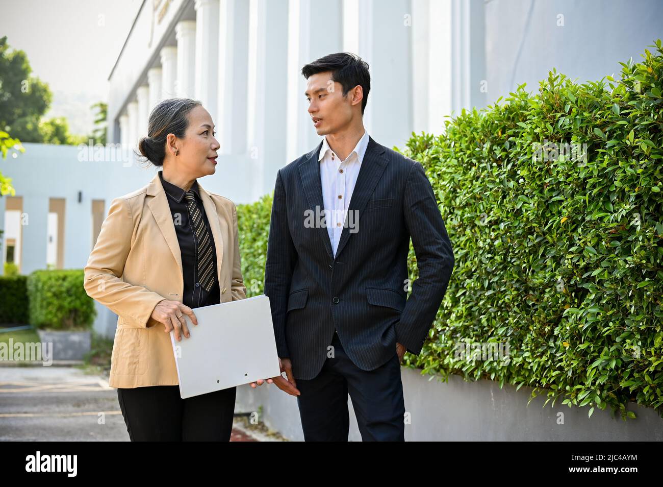 Professional aged asian businesswoman and successful businessman ...