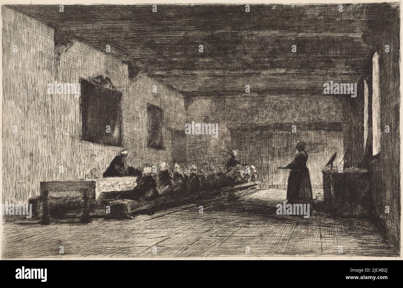 Dining room in an old women's home with a long table to the left ...