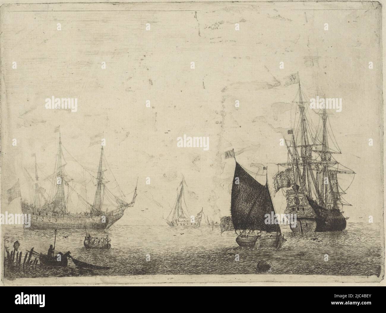 A sloop full of men sails towards a three-master with sails lowered. To ...